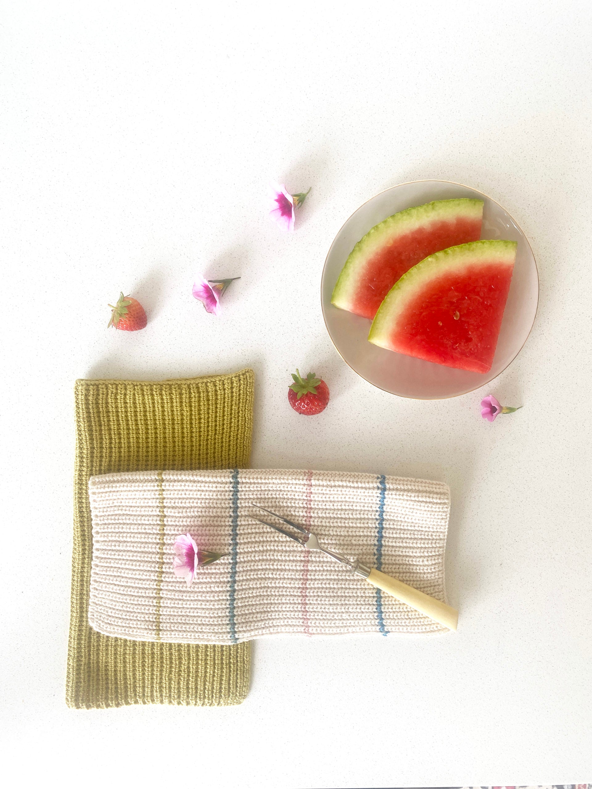 Molly knitted dishcloth, olive + stripe – Funky Doris